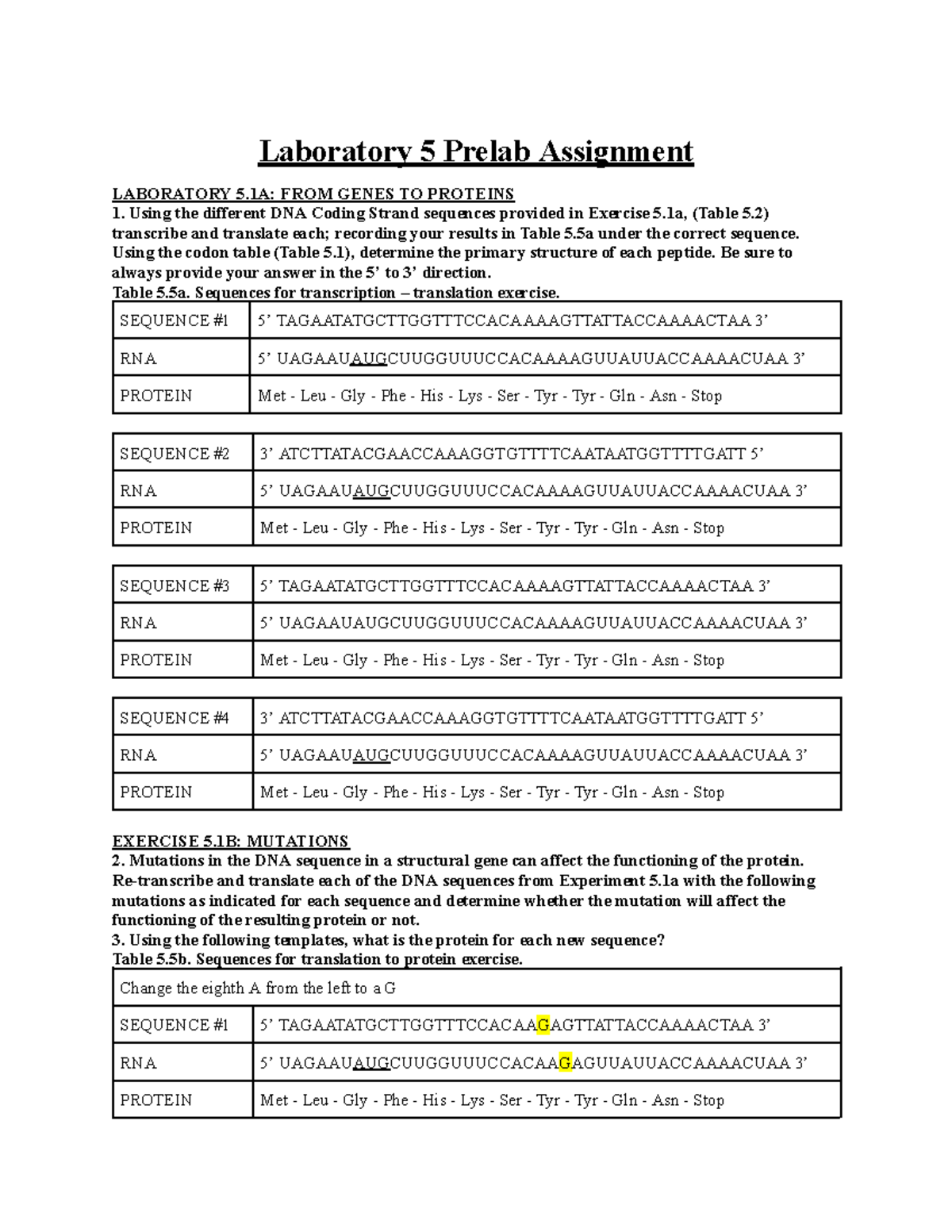 BLG143 - Pre-Lab 5 - Laboratory 5 Prelab Assignment LABORATORY 5: FROM GENES TO PROTEINS Using ...