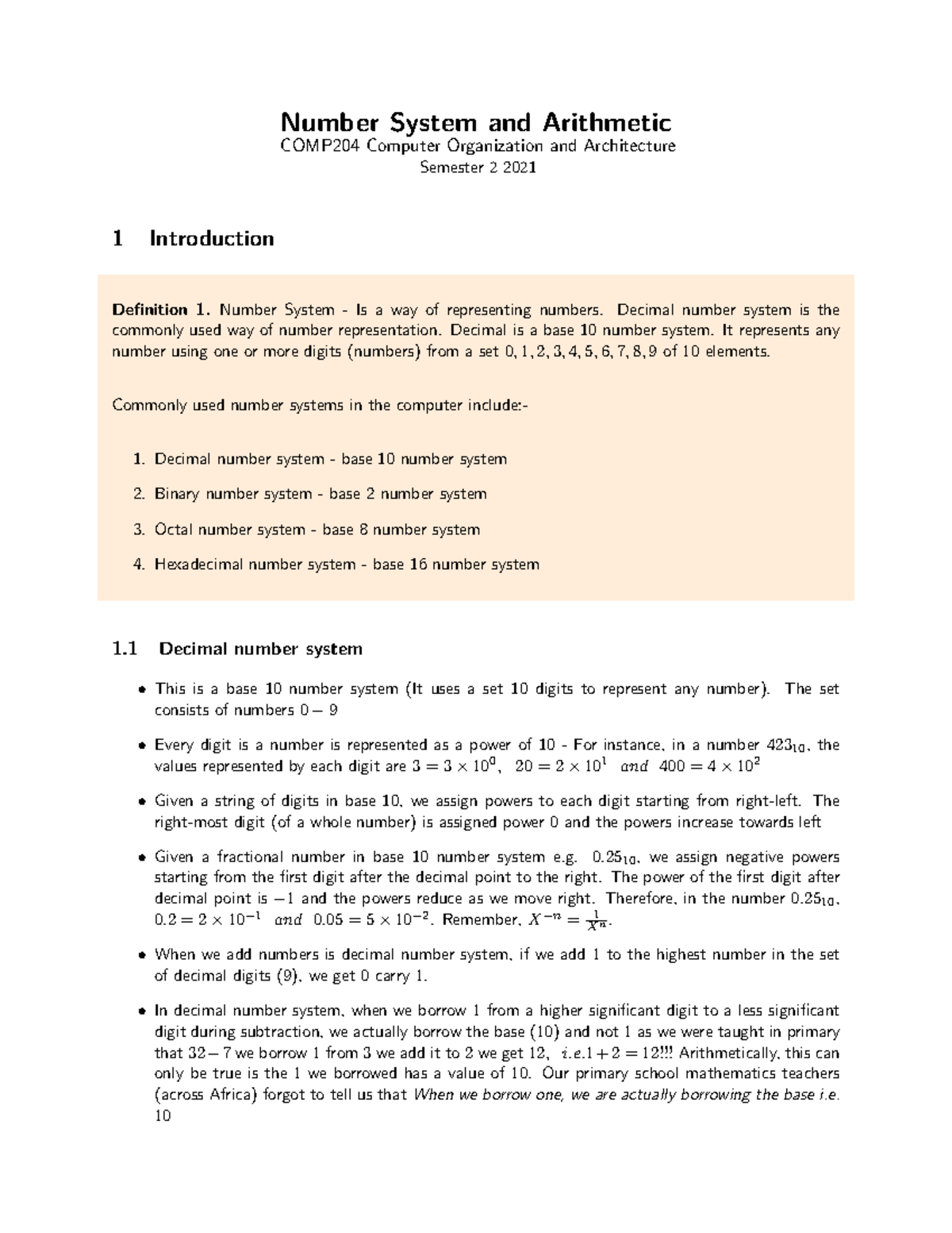 Number System and Arithmetic Notes COMP204 Semester 2 2021 - Studocu
