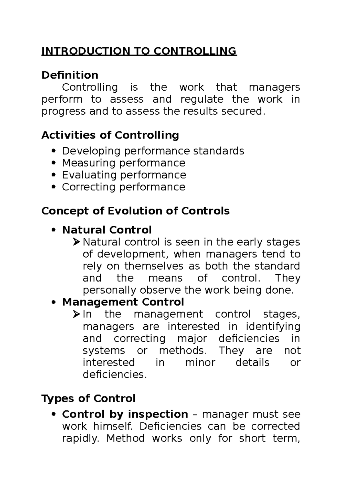 8th handout Controlling function - INTRODUCTION TO CONTROLLING Definition Controlling is the ...