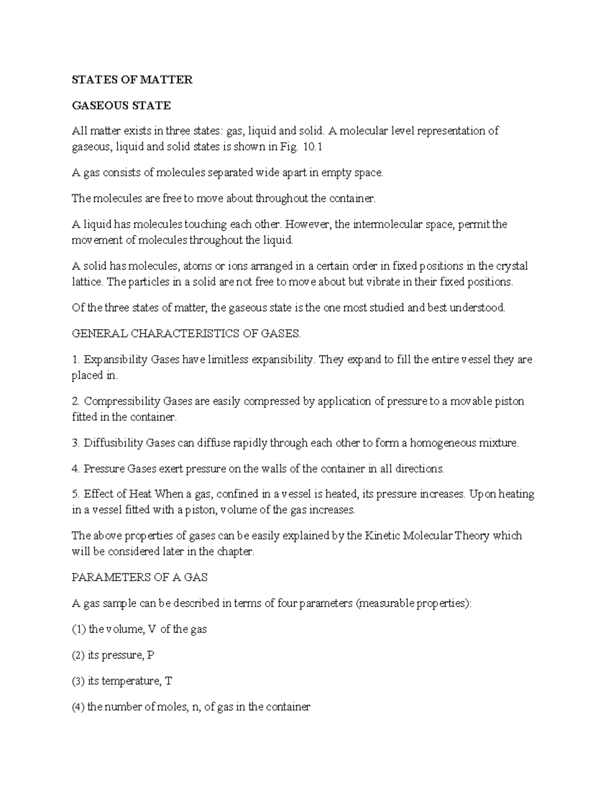 States of Matter: Gaseous State Overview (Course Code: SCI101) - Studocu