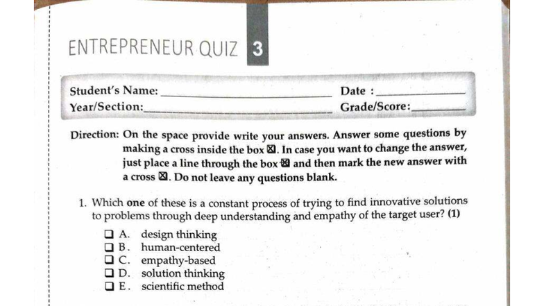 ENTREPRENEUR QUIZ 3: Design Thinking & Business Models Insights - Studocu