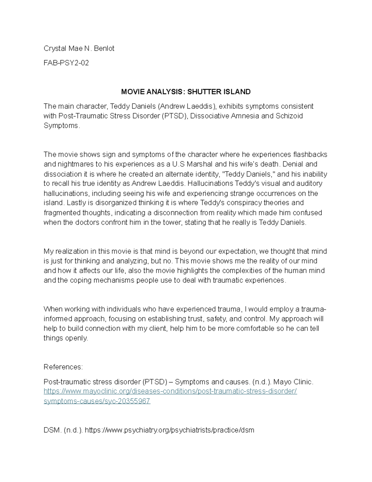 MOVIE ANALYSIS: SHUTTER ISLAND (PSY 101) - Studocu