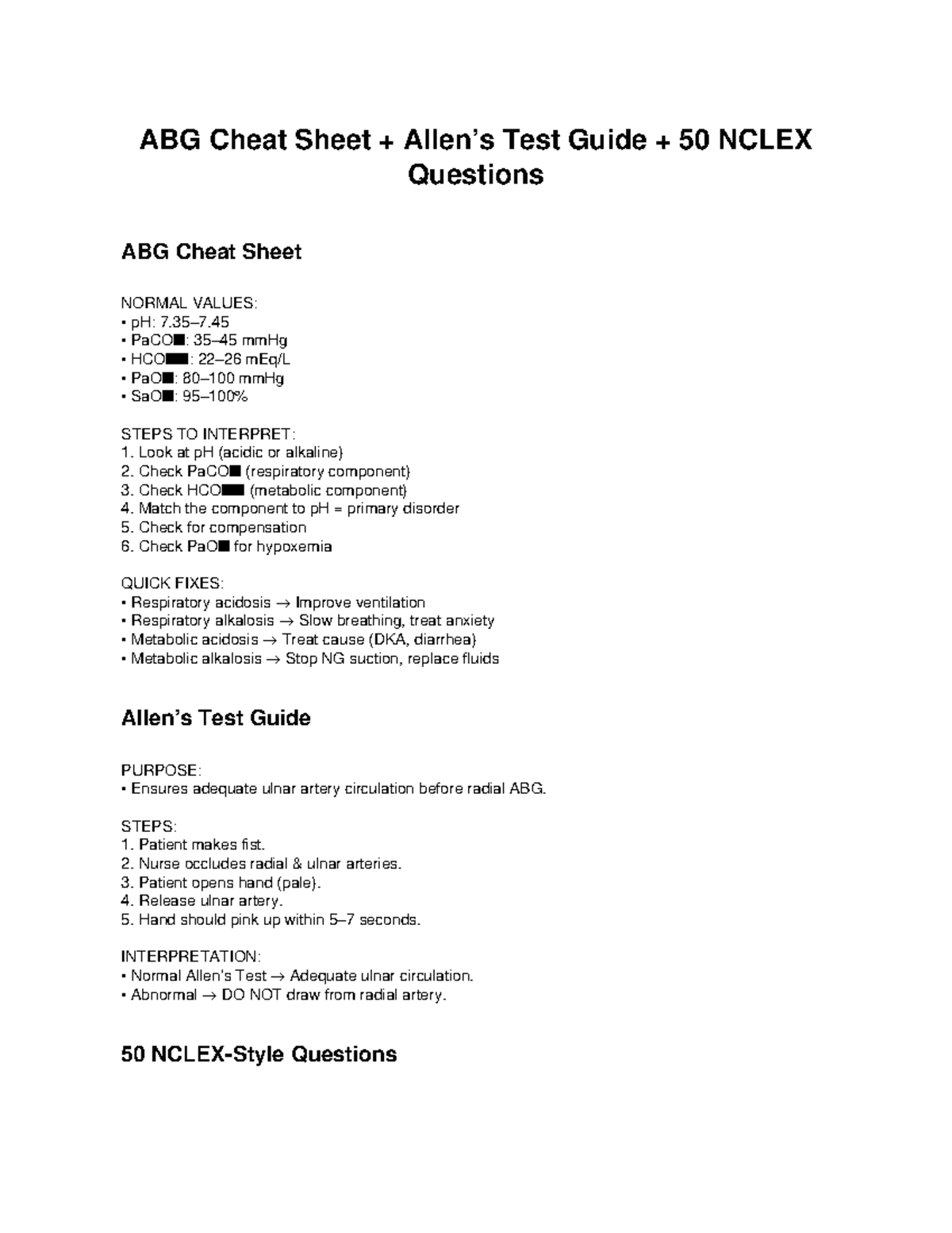 ABG Test Guide: 50 NCLEX Questions & Normal Values - Studocu