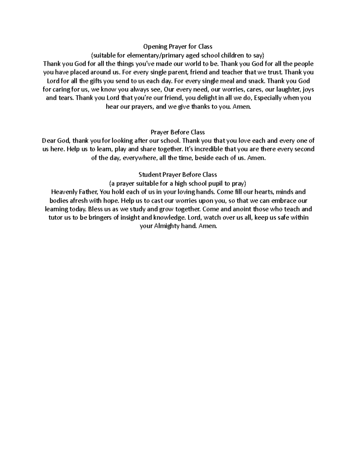 Opening Prayers for Class: Elementary & High School Students - Studocu