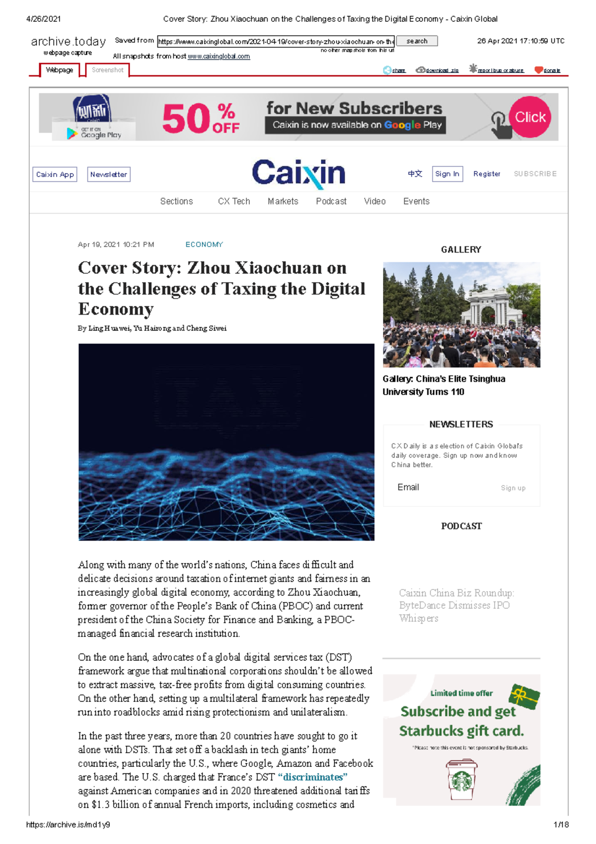 Cover Story: Zhou Xiaochuan on Digital Economy Tax Challenges - CX 2021 - Studocu
