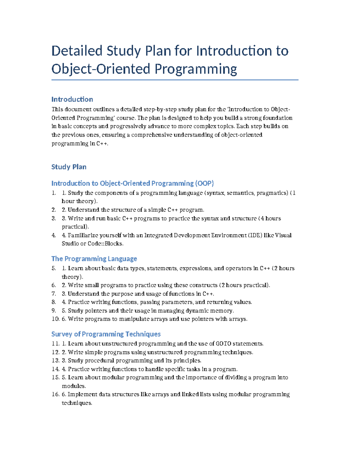 Revised Study Plan for OOP (CS101) - Step-by-Step Guide - Studocu