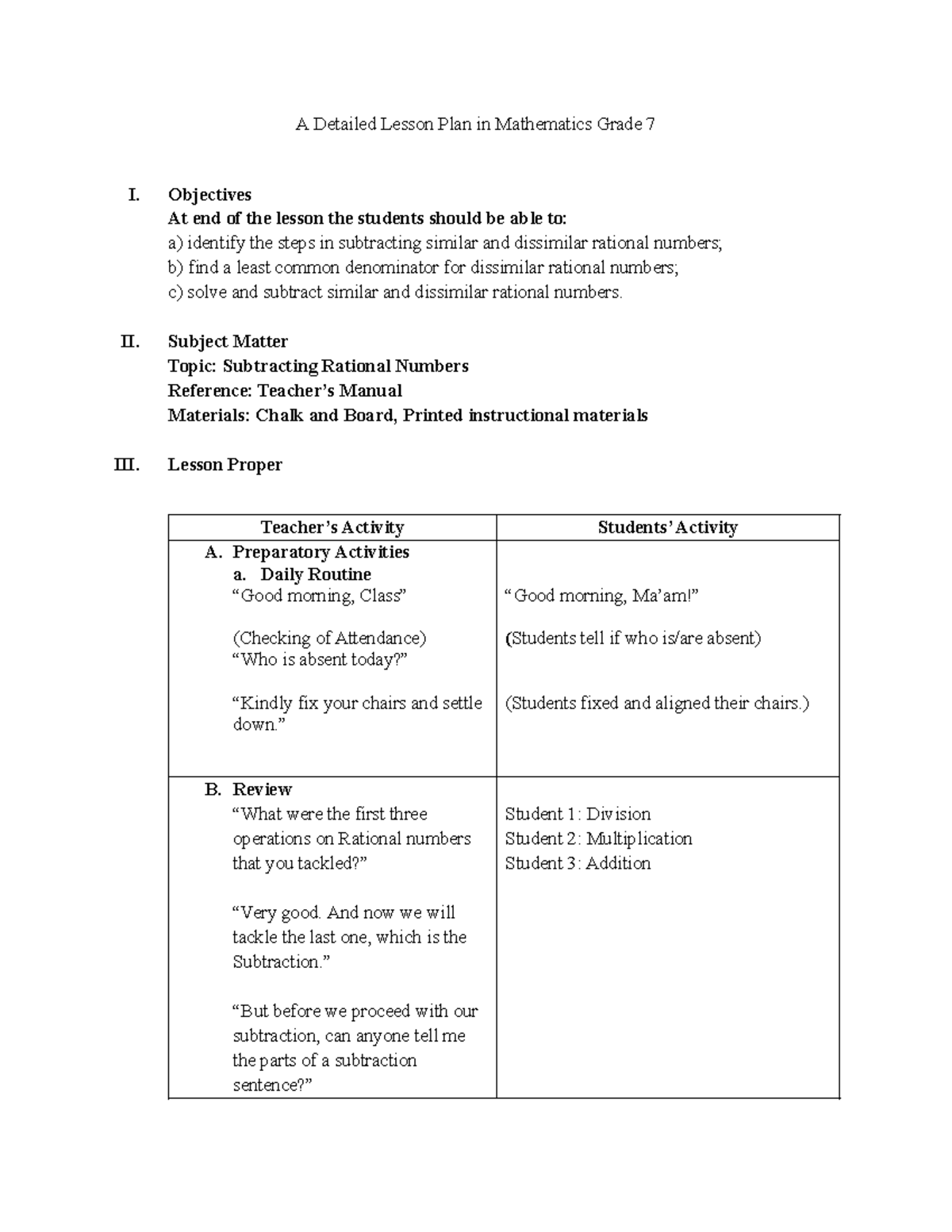 Grade 7 Math Lesson Plan: Subtracting Rational Numbers - Studocu