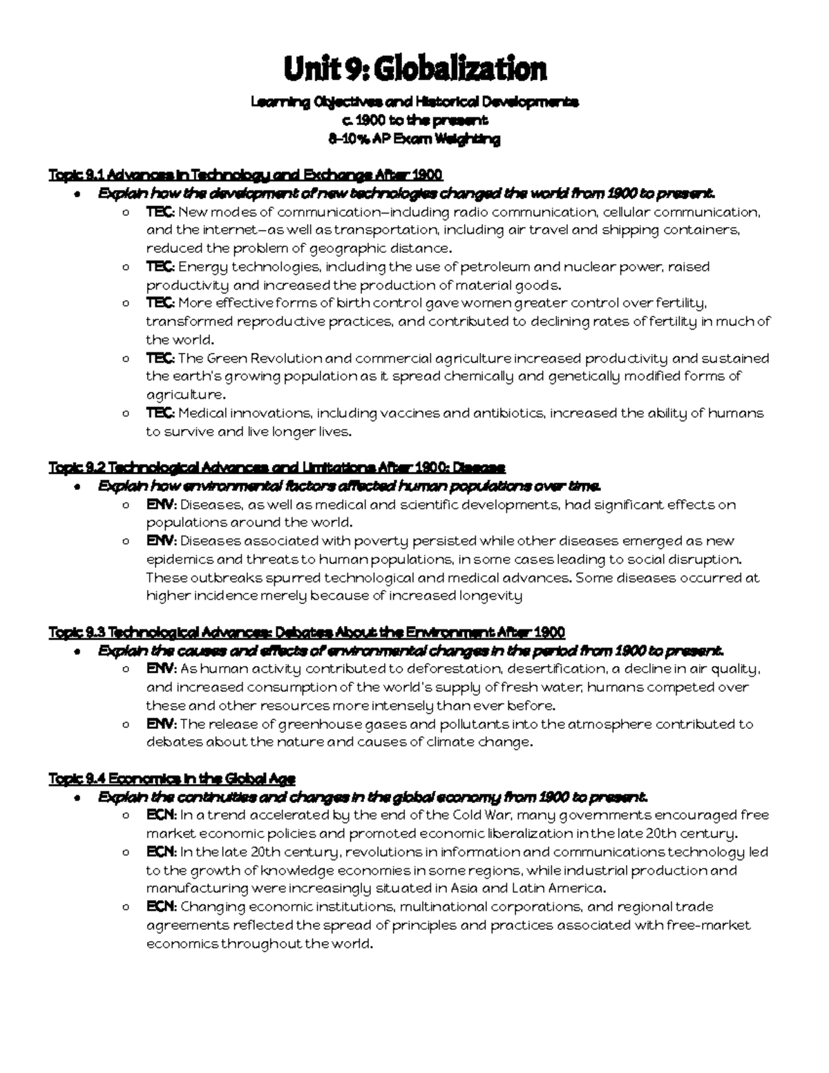 Global Changes and Challenges After 1900: ENV, ECN, SIO, CDI, GOV ...