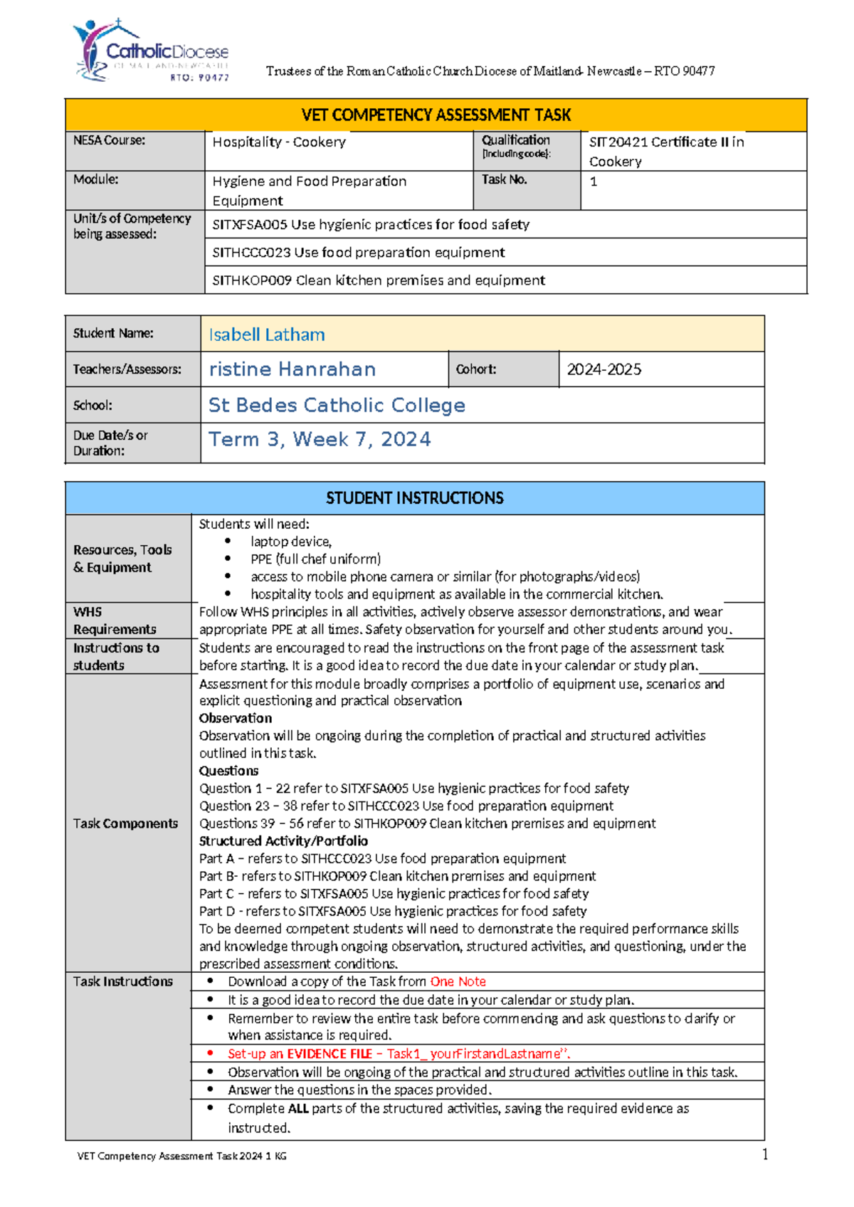 VET Competency Assessment Task 2024: SIT20421 Hospitality Cookery ...