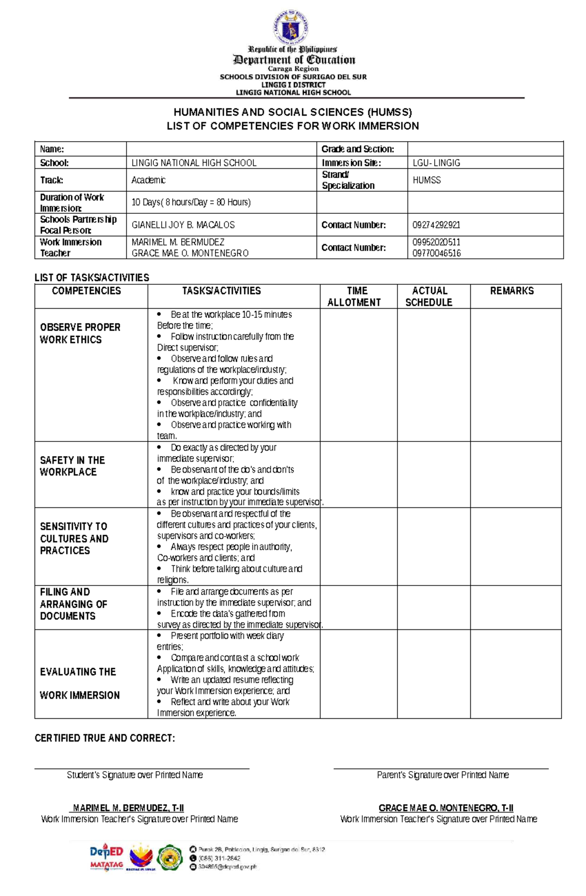 HUMSS Work Immersion Competencies List and Guidelines - Studocu
