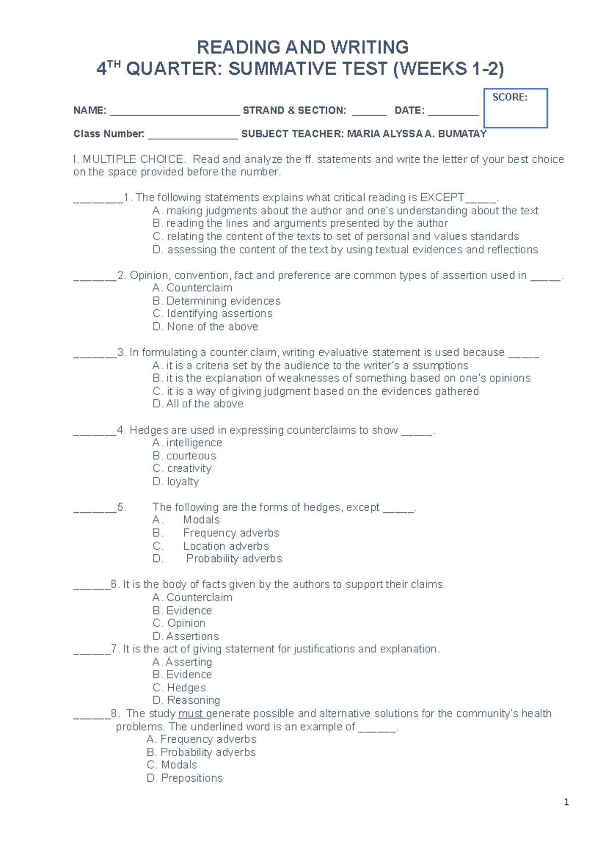 RW Q4 Summative Test: Critical Reading and Writing Assessment - Studocu