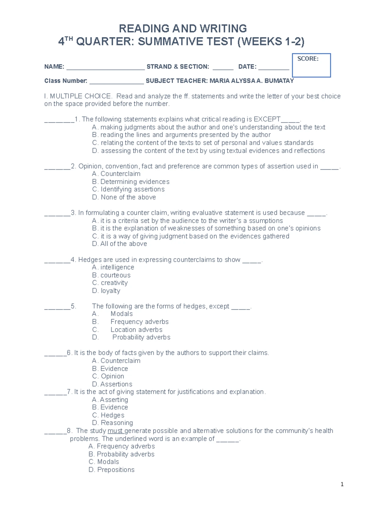 Entrance Exam Reviewer For Grade 11 Amd 12 Senior High School ...