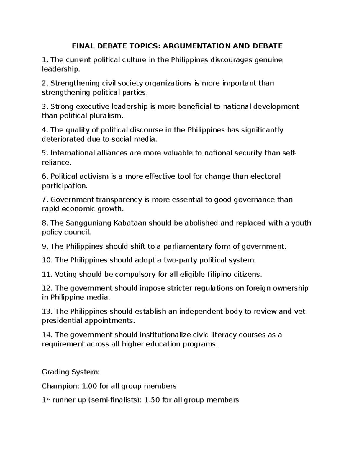 FINAL DEBATE TOPICS: ARGUMENTATION AND DEBATE (AD 101) - Studocu