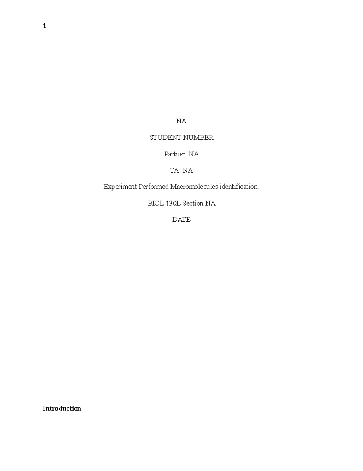 Bio130L Macromolecules Experiment Lab Report and Results Analysis - Studocu