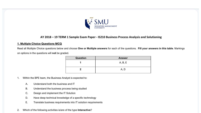 SMU IS210 Business Process Analysis Sample Exam Paper - MCQs - Studocu