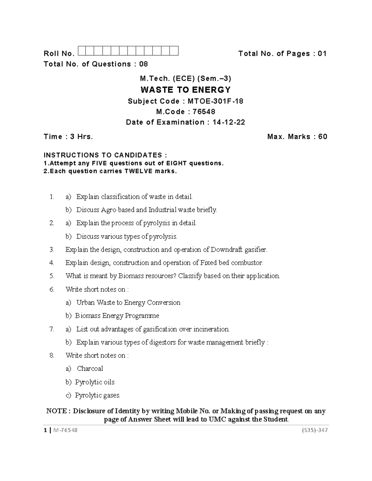MTOE-301F Waste to Energy Exam Paper - Mtech 3rd Sem ECE Dec 2022 - Studocu