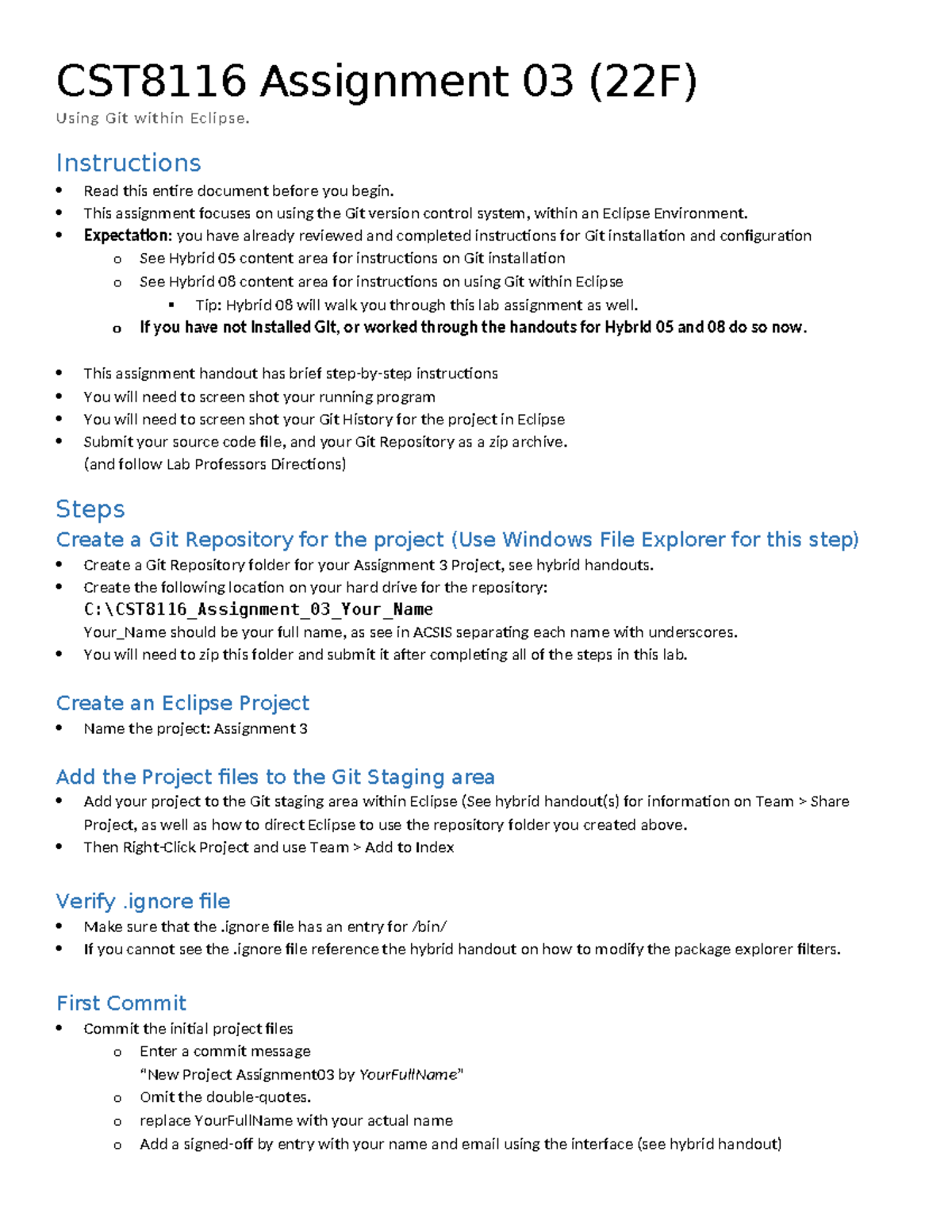 CST8116 Assignment 03 (22F) Git Usage in Eclipse Lab Guide - Studocu