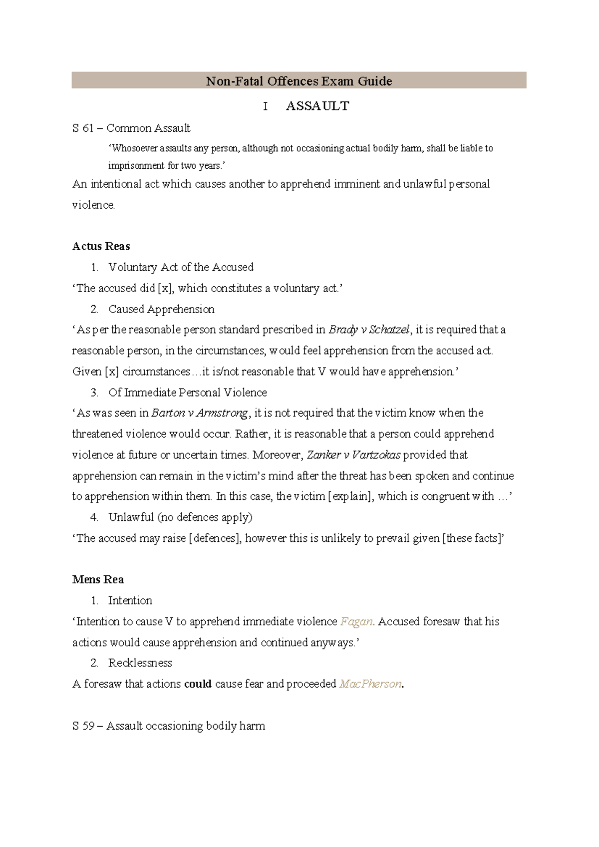 ASSAULT Exam Guide I: Key Concepts & Case Law Analysis - Studocu