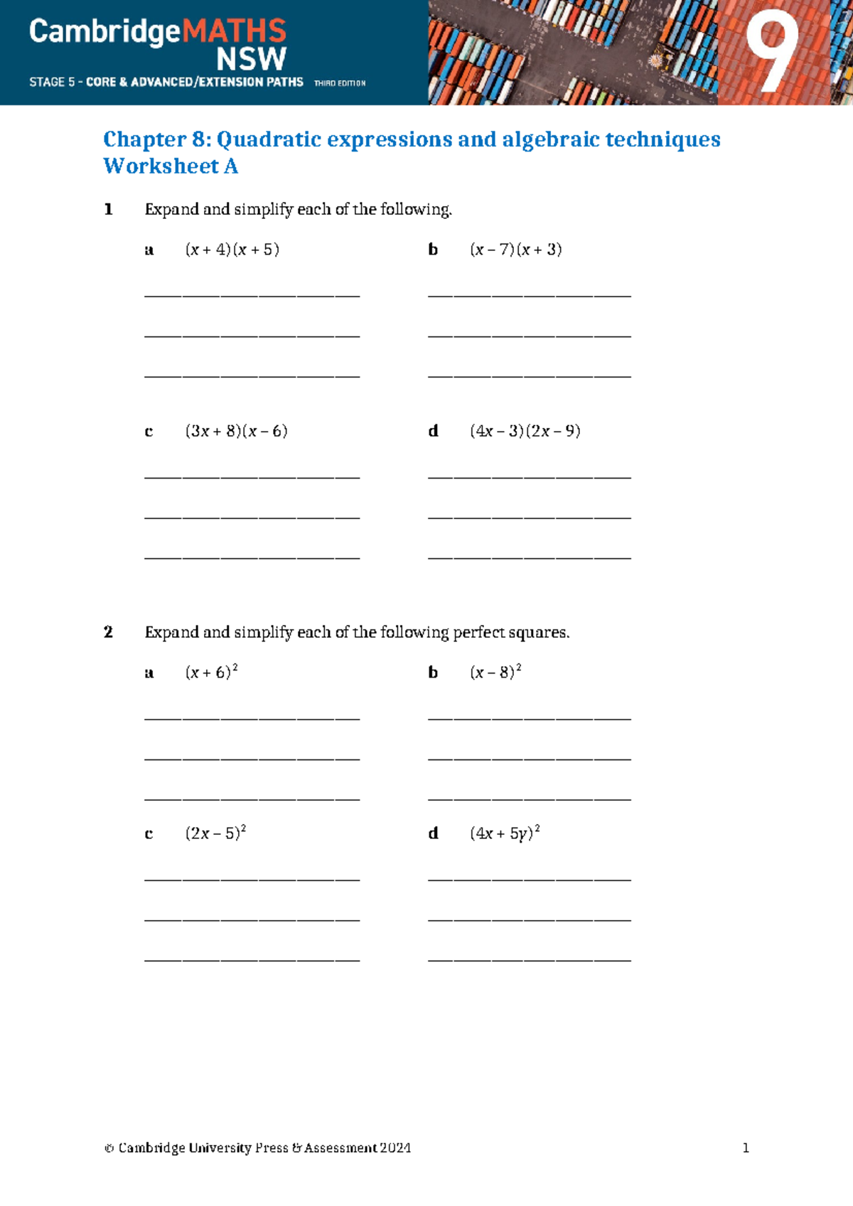 Chapter 8: Quadratic Expressions & Algebra Techniques Worksheet A & B ...
