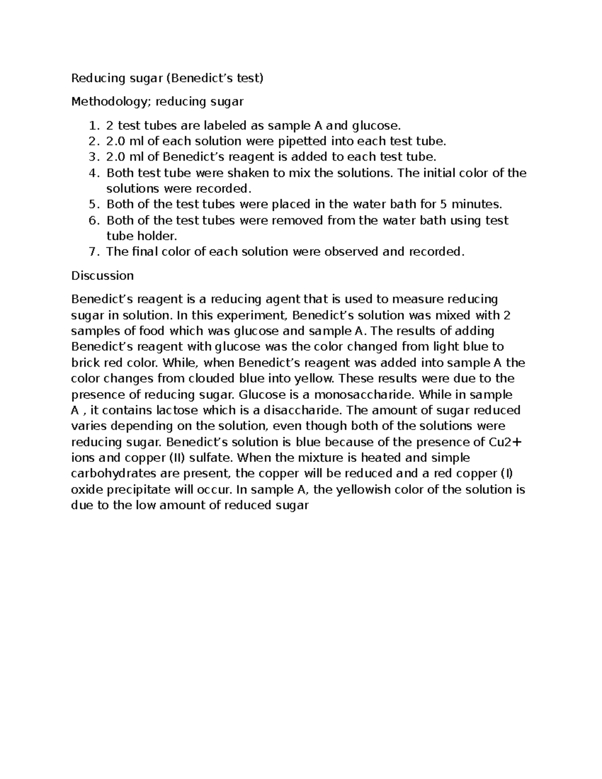 BISC 101: Lab Report 1 - Analyzing Reducing Sugars with Benedict’s Test ...