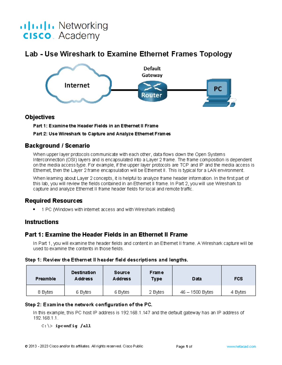 Lab 7 - Use Wireshark to Analyze Ethernet II Frame Headers - Studocu