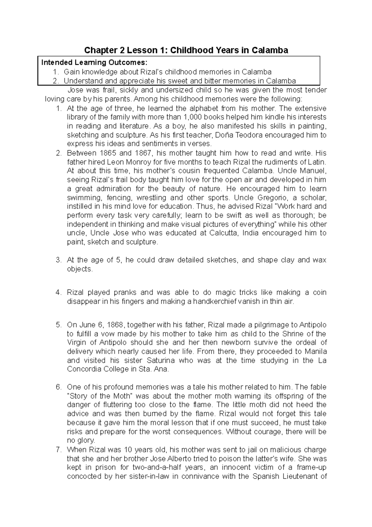 Chapter 2 Lesson 1: Rizal's Childhood Memories in Calamba - Studocu