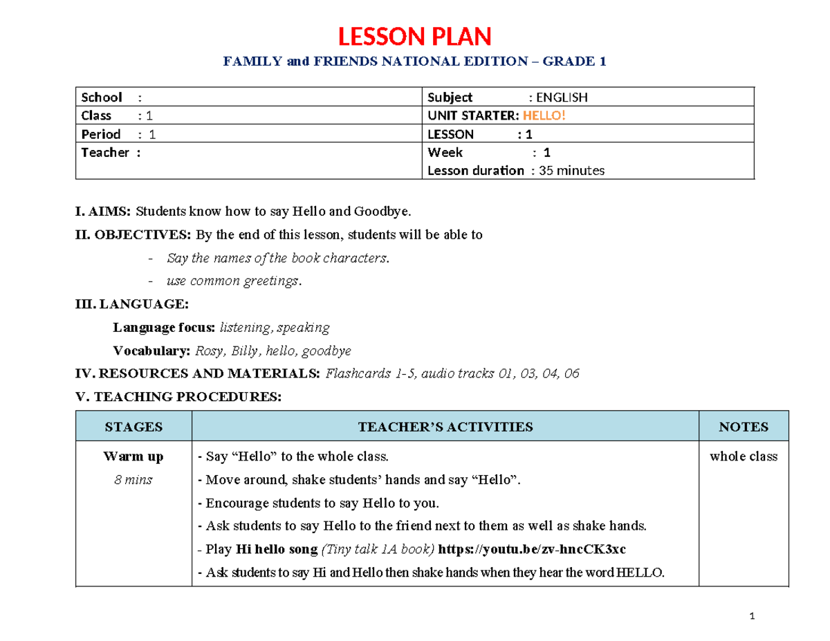 LESSON PLAN: FAMILY AND FRIENDS NATIONAL EDITION GRADE 1 - UNIT STARTER ...