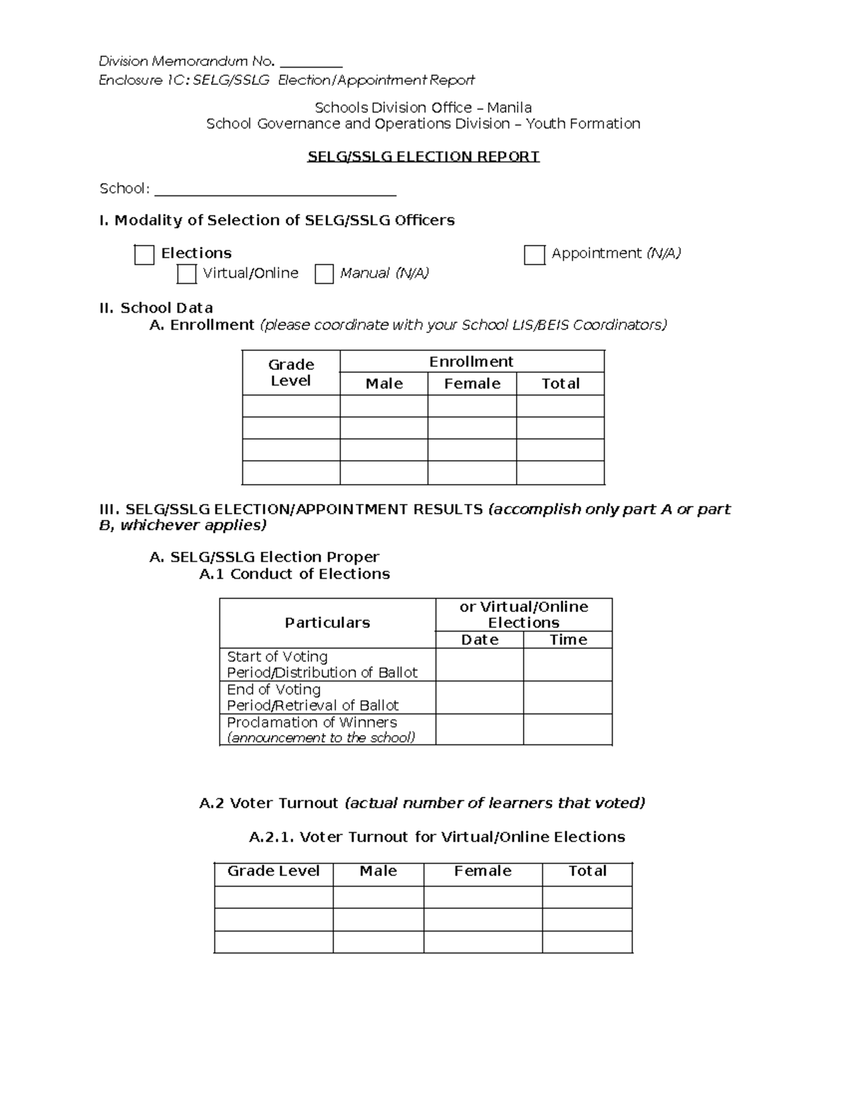 SELG/SSLG Election & Appointment Report - Manila Division Memorandum ...