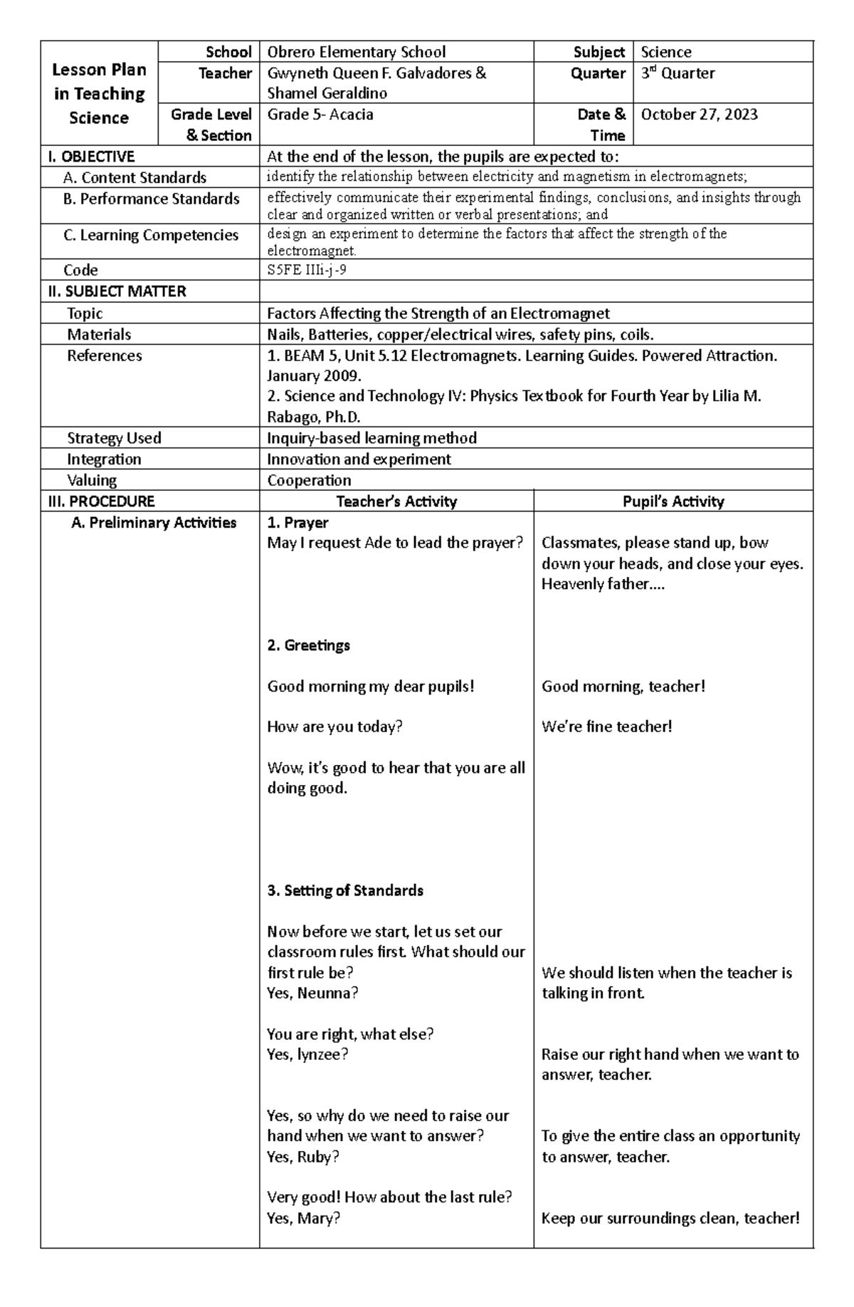 Detailed Lesson Plan in Science 5: Factors Affecting Electromagnet ...