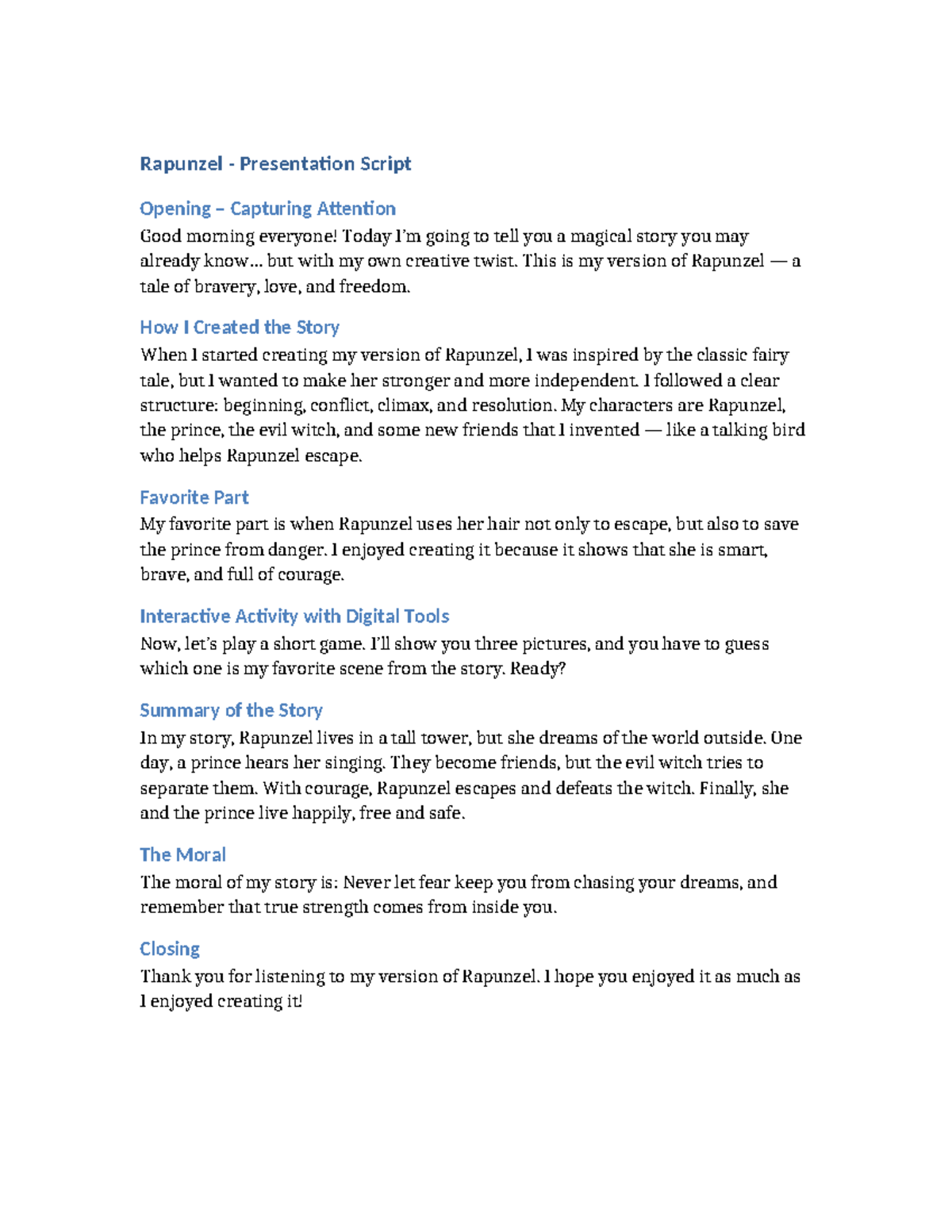 Rapunzel Presentation Script: A Creative Twist on a Classic Tale - Studocu