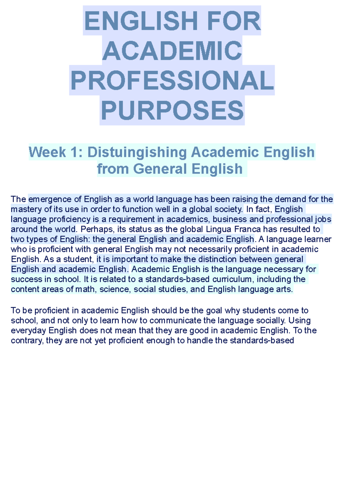 English for Academic Professional Purposes: Week 1 Insights and Reading ...
