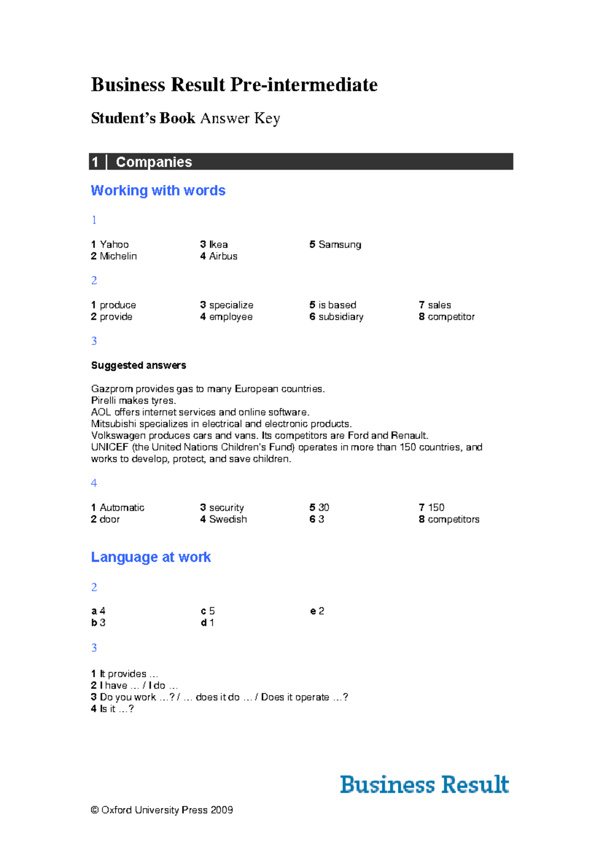 Business Result Pre-Intermediate Answer Key: Companies & Language at ...
