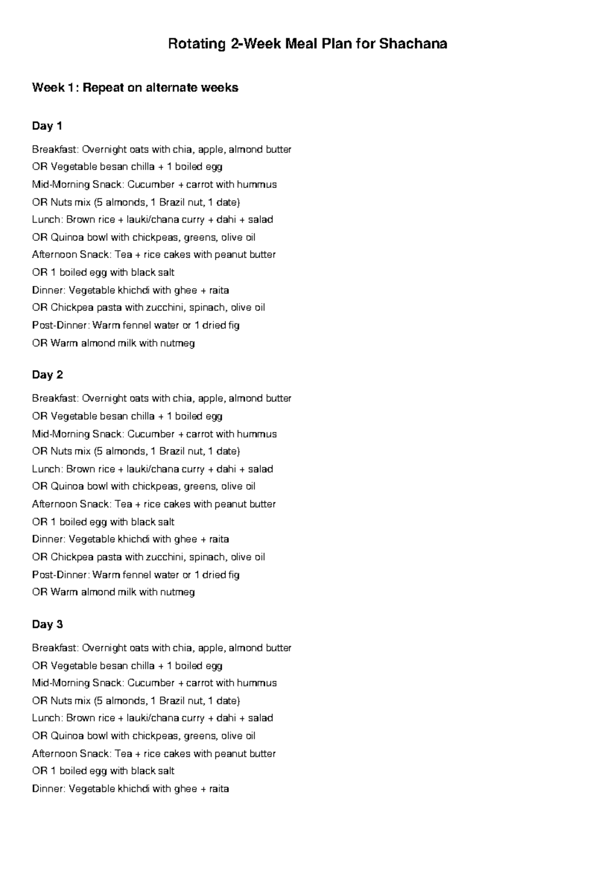 Shachana 2-Week Rotating Meal Plan: Healthy Recipes & Options - Studocu