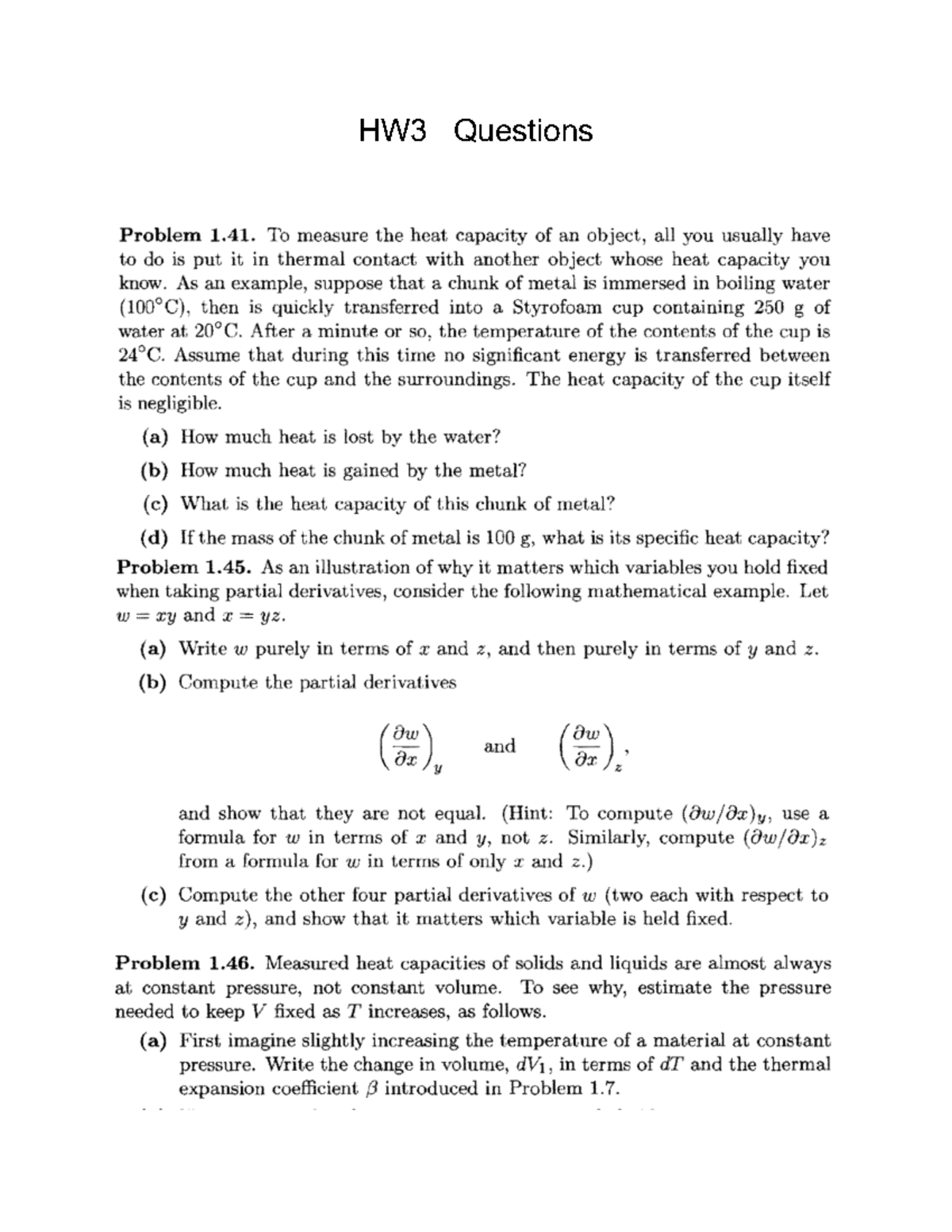 Phys 224 - HW3 Questions on Heat Capacity and Partial Derivatives - Studocu