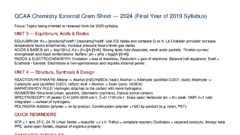 QCAA Chemistry Cram Sheet 2024: Key Topics & Concepts Review - Studocu