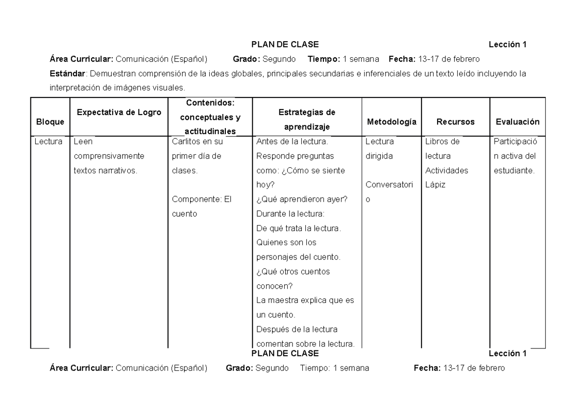 Planes De Lecciones Para 1er Grado