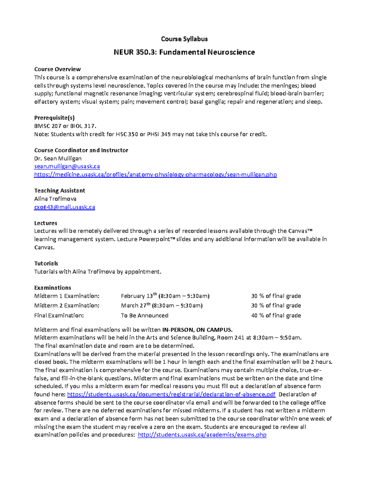 Neur 350.3 syllabus: Fundamental neuroscience course overview - Studocu