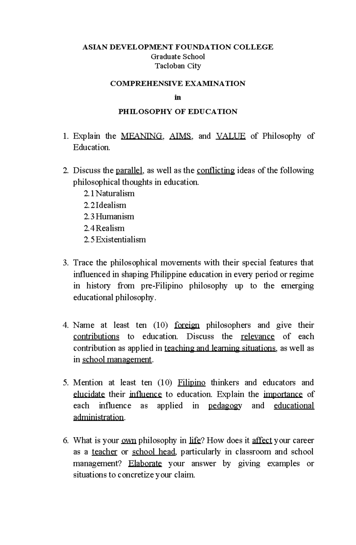 PHILO 101: Comprehensive Exam on Philosophy of Education - Studocu