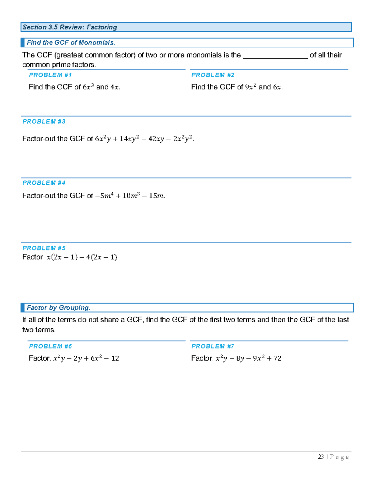 Math 1010 Lecture Notes: Module 3 - Factoring Techniques & GCF Problems ...