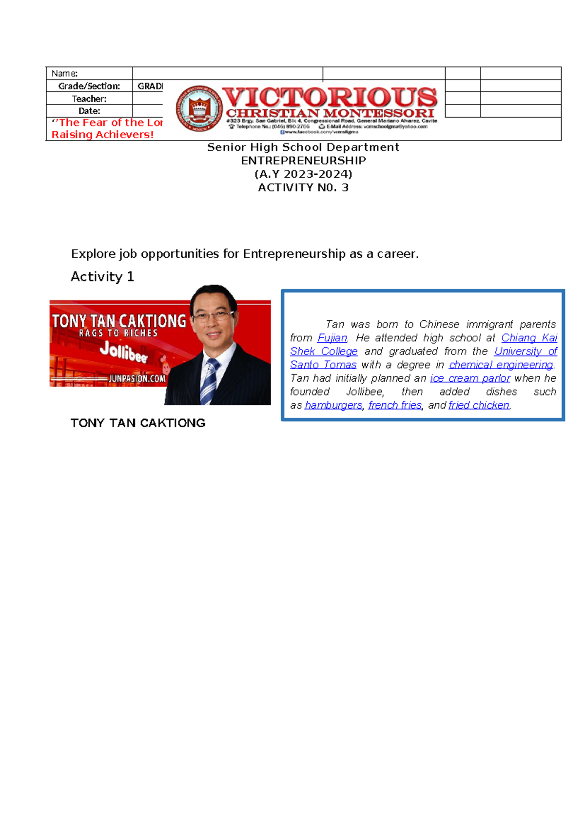 Entrep- Activity-3 - ACTIVITY - Name: Grade/Section: GRADE 12- TVL -ICT ...