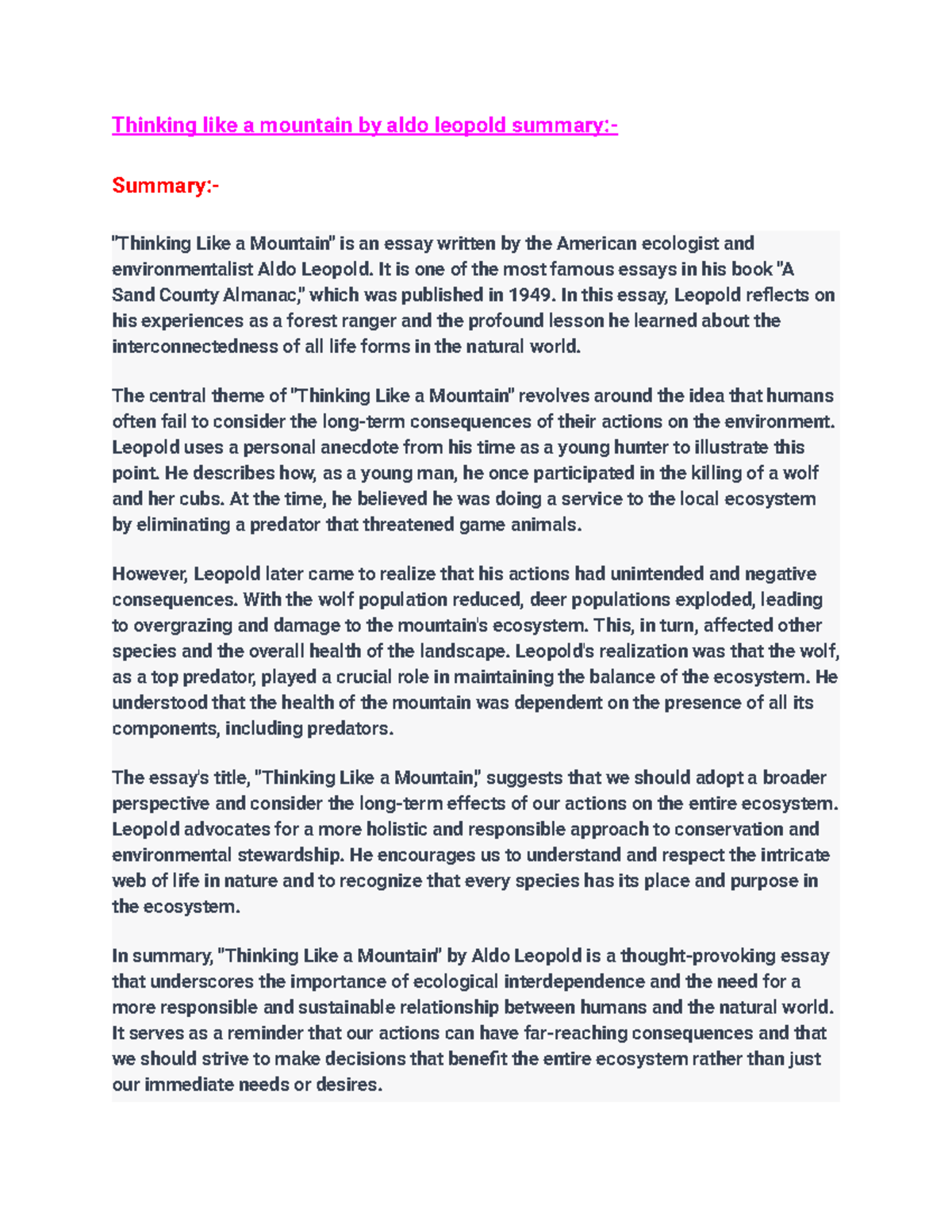 Thinking Like a Mountain: Aldo Leopold Summary and Insights - Studocu