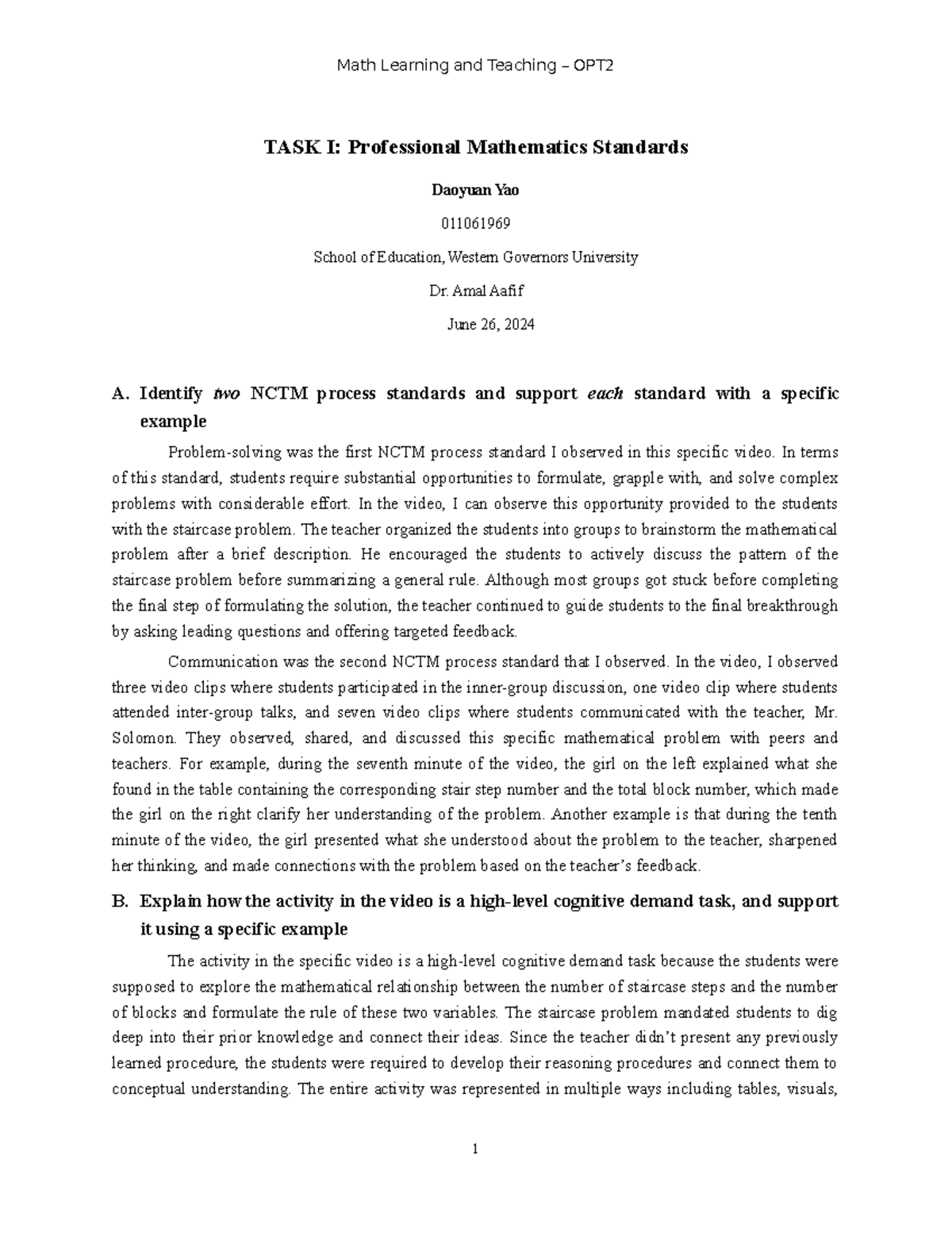 OPT2 TASK 1 Daoyuan Yao R1 - Math Learning and Teaching – OPT TASK I: Professional Mathematics ...