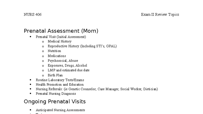NURS 406 Exam II Review: Key Topics in Prenatal & Fetal Assessment ...