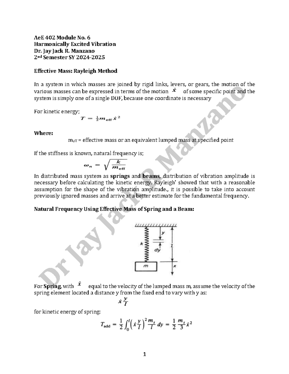 AeE 402 Module 6: Effective Mass & Harmonic Vibration Notes - Studocu