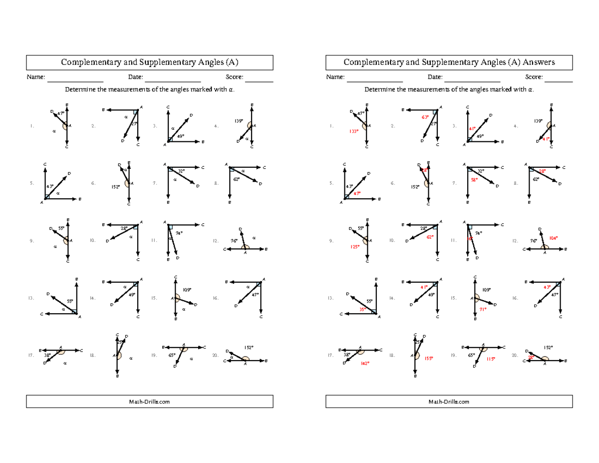 Geometry Worksheet (A): Complementary & Supplementary Angles - Studocu