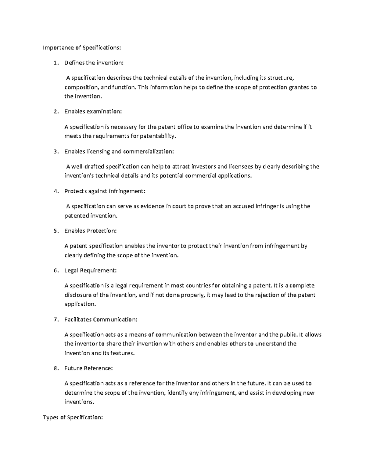 The Role and Types of Specifications in Patent Law - Studocu