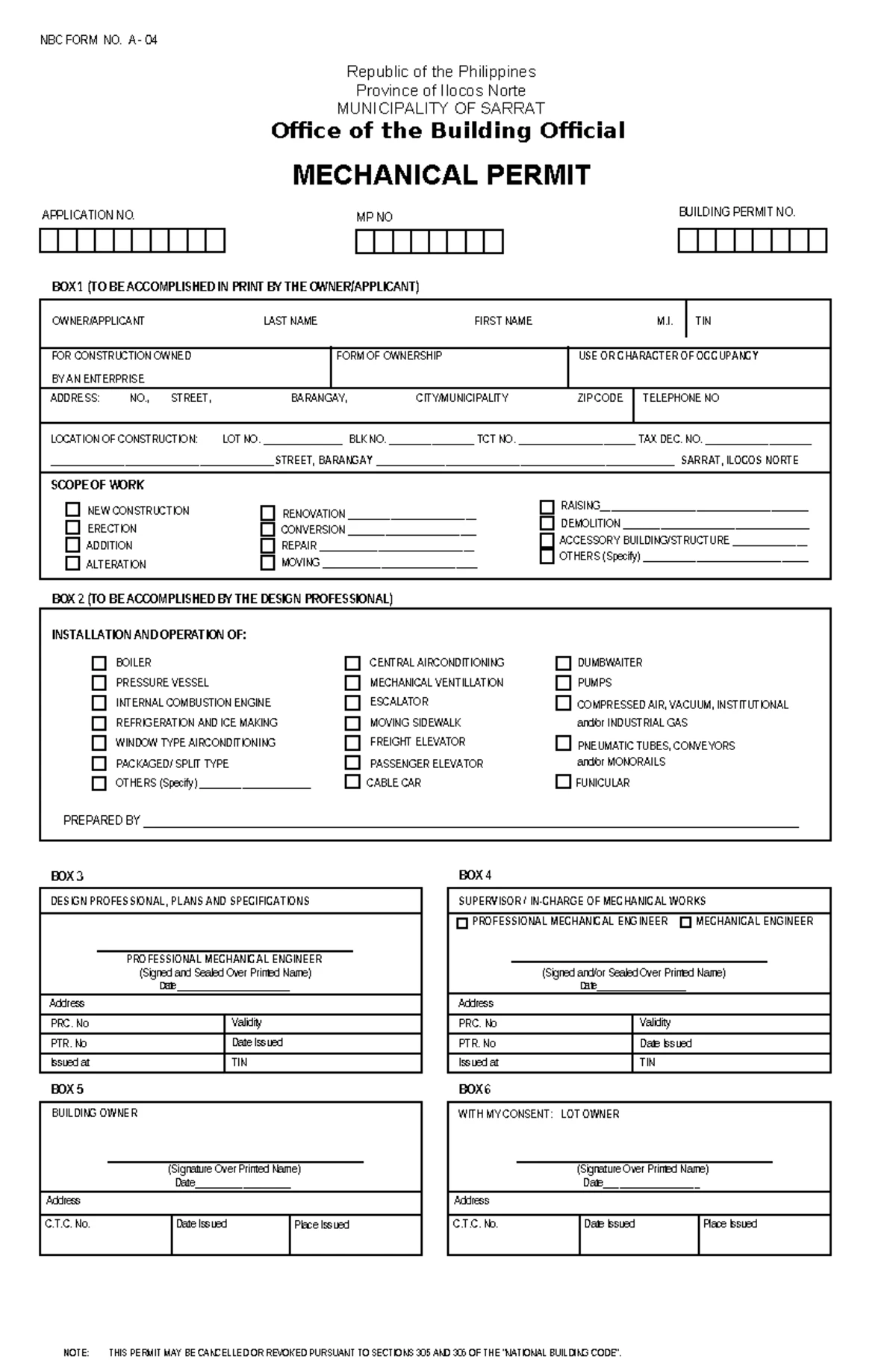 Electrical Permit Application Form - NBC FORM NO. A - 03, Sarrat ...