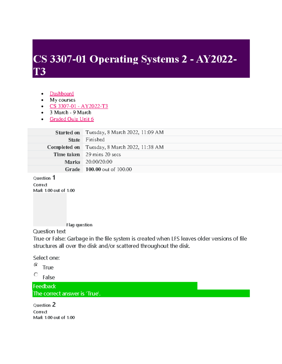 CS 3307 Graded Quiz Unit 06 - CS Operating Systems 2 AY2022T3 Dashboard ...