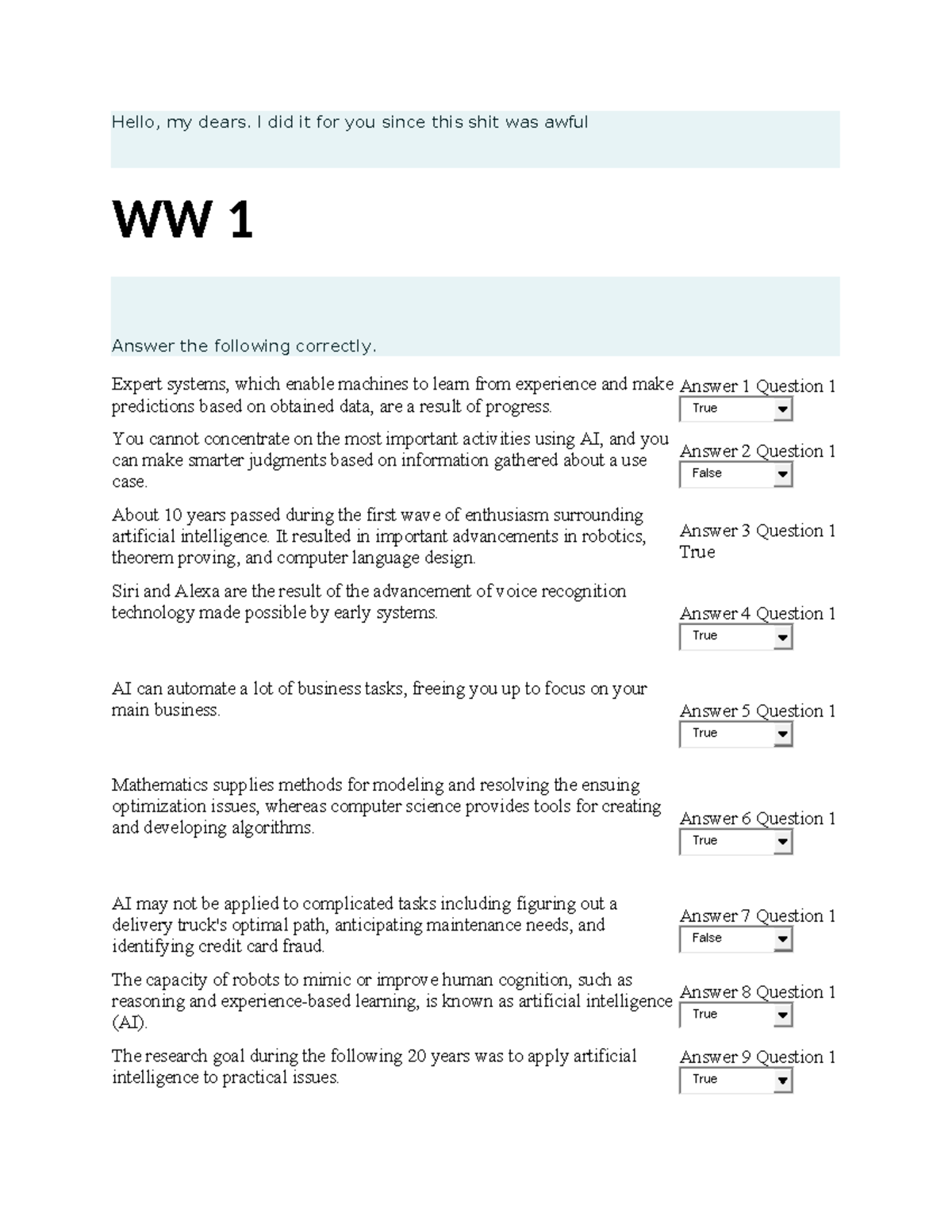 AI 1-9 - Comprehensive Answers for AI Concepts and Applications - Studocu