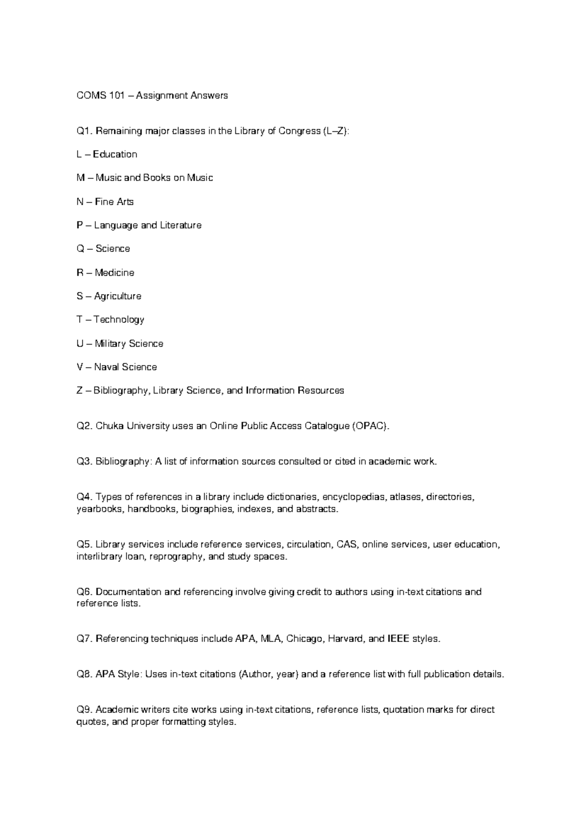 COMS 101 Assignment - Library Science Overview and Reference Techniques ...